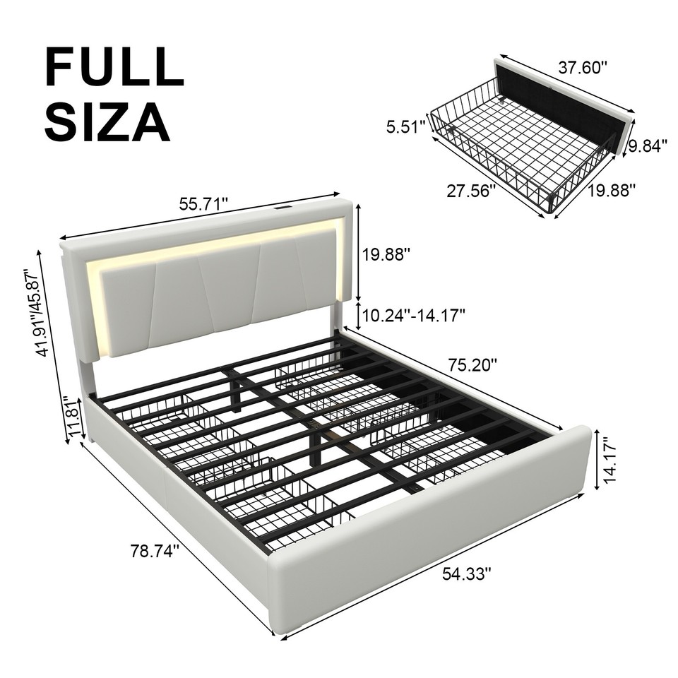 Faux Leather Full Queen Bed Frame with Adjustable Headboard and ...