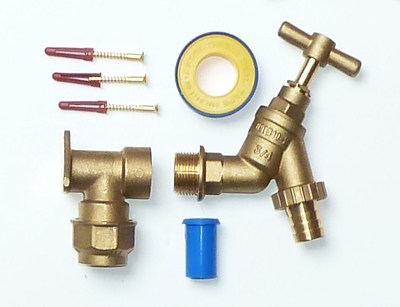 25mm MDPE Outside Tap Kit With 3/4" Bib Tap and Brass Wall Plate Elbow ...