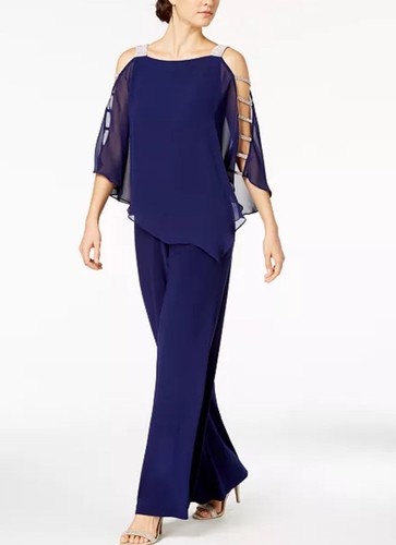 MSK Jumpsuit Wide Leg Pants Romper Blue Chiffon Overlay Rhinestone Trim ...
