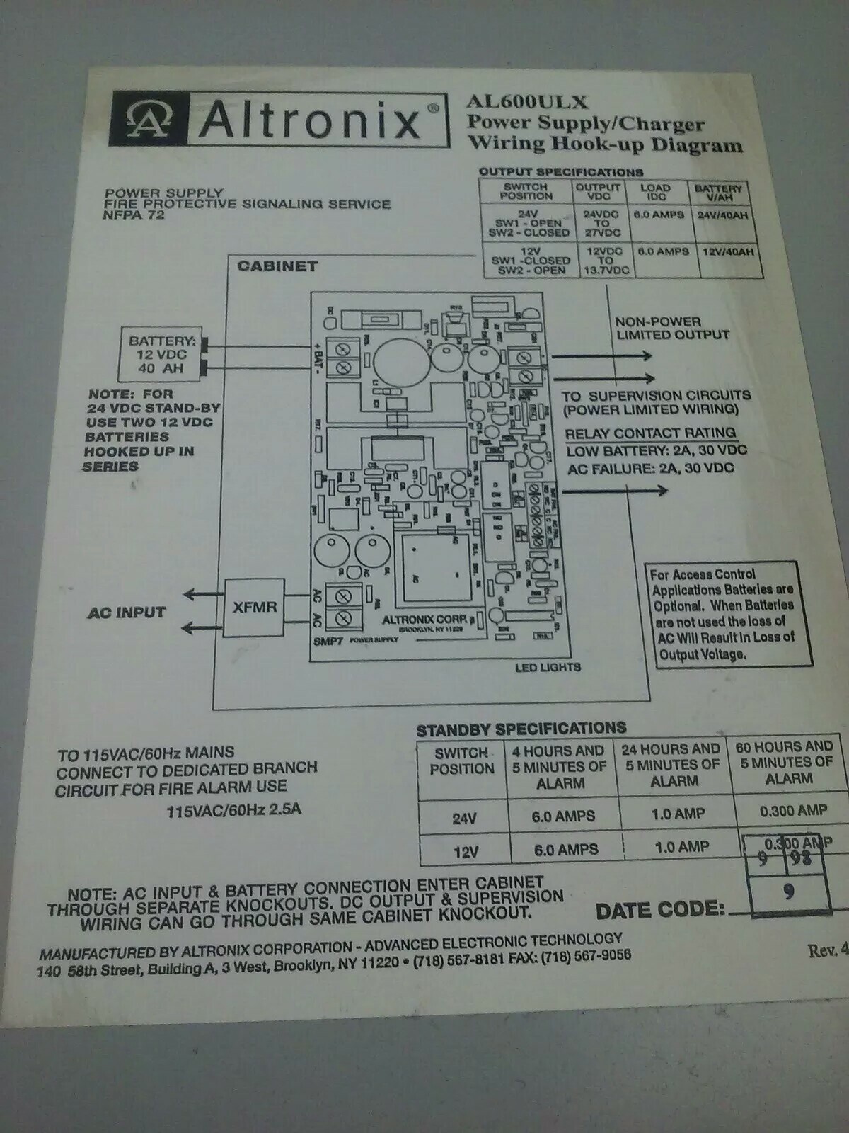 AUDIOSONE ALTRONIX AL600ULX POWER SUPPLY/CHARGER SMP7PM BOARD PS-1270 ...