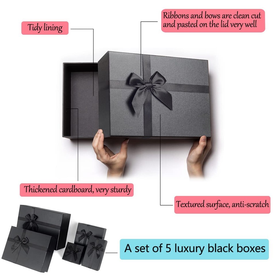 Gift Boxes with Lids Black Gift Boxes for Presents Set of 5 Sturdy and ...