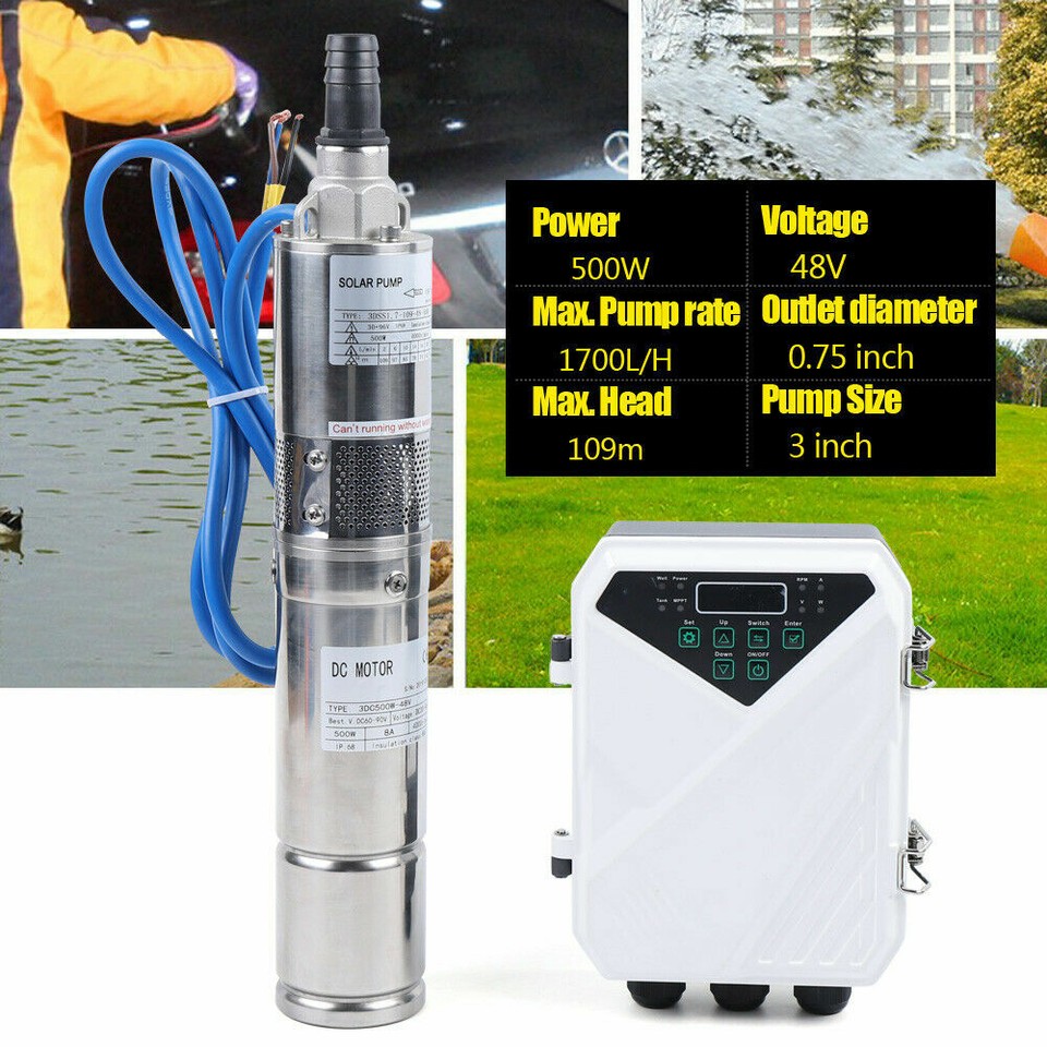 3" DC Solar Water Pump 48V 500W Submersible Deep Bore Well Pump +MPPT ...