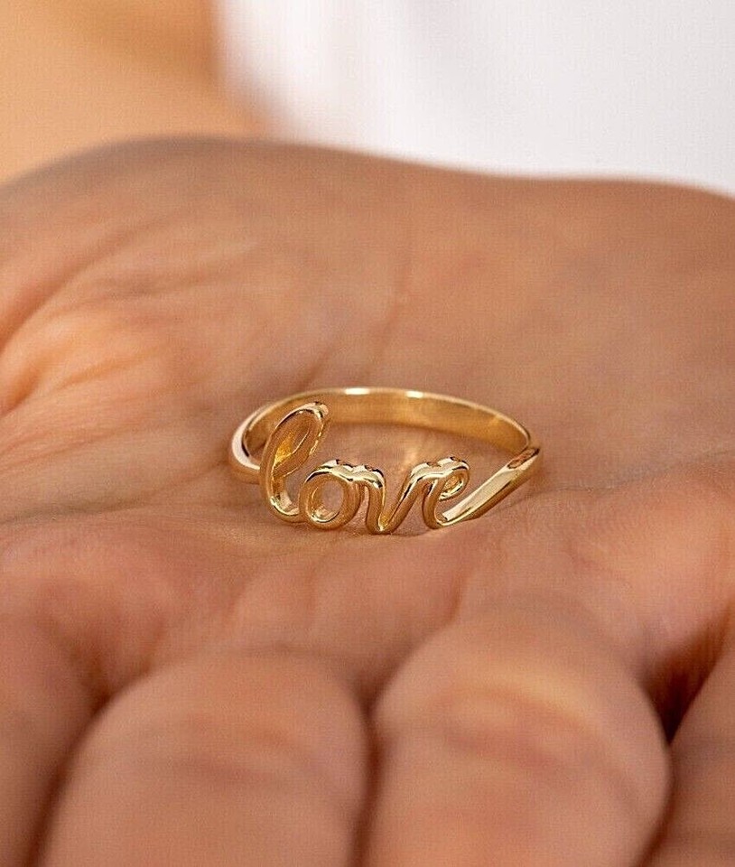 Real 14K Solid Gold Love Ring, Script Love Ring, Dainty Love Ring | eBay