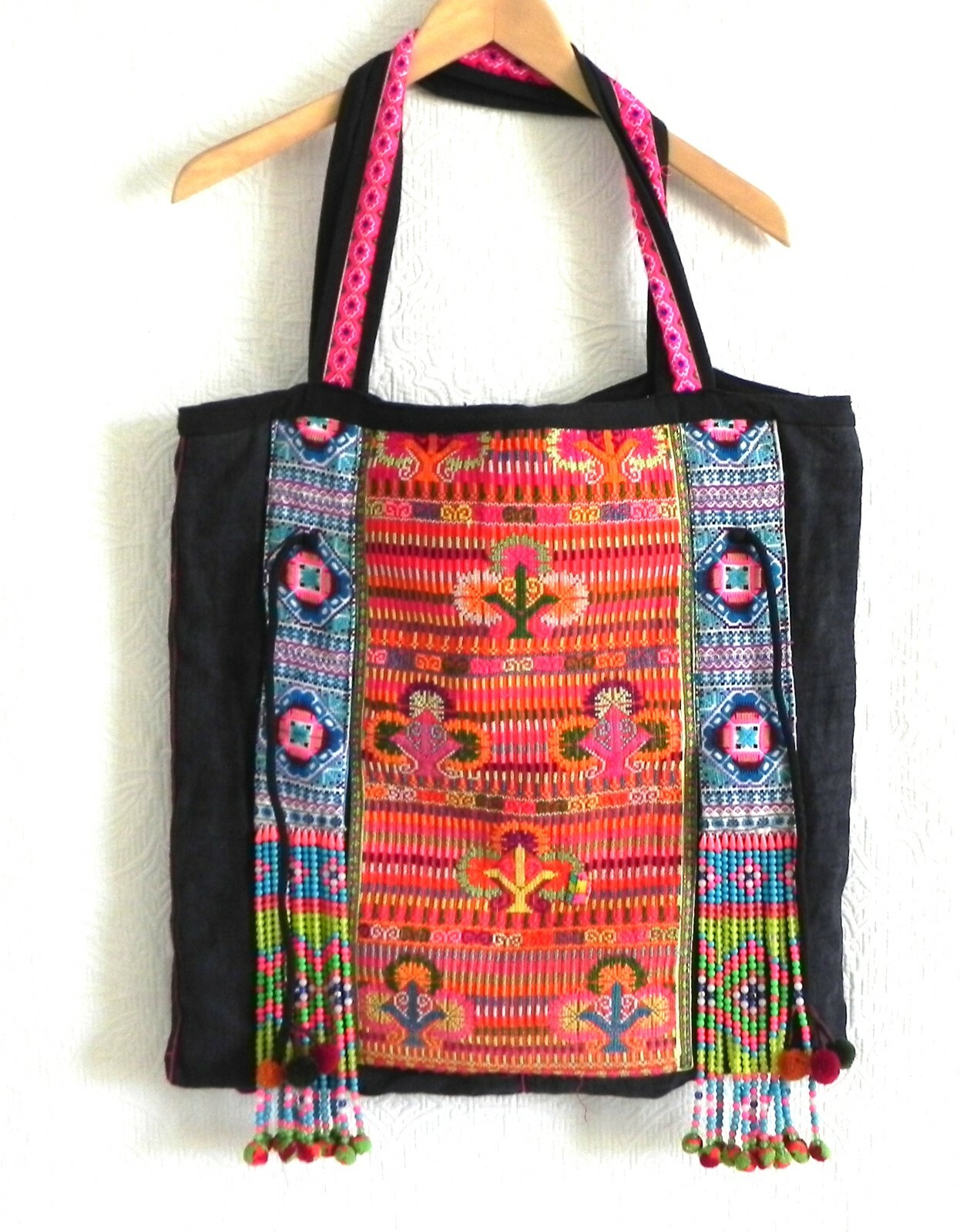 Handmade Overnight Bag Thai Hmoug Fabric Bead/Embroidery/Pom Pom Size ...