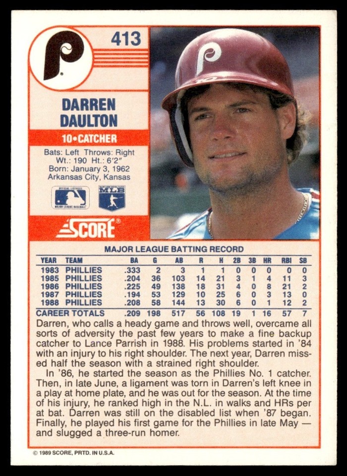 1989 Score Darren Daulton Philadelphia Phillies #413 | eBay