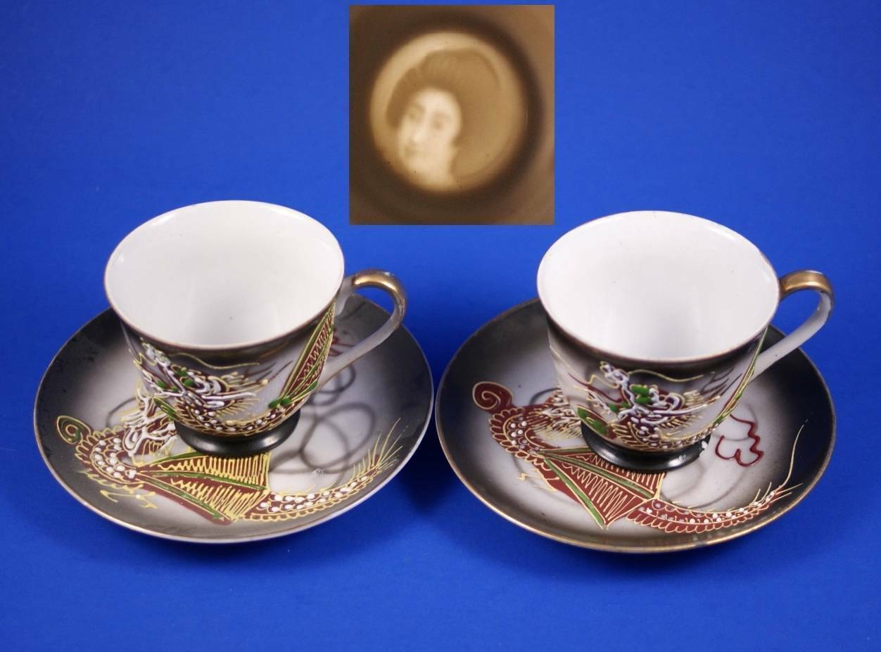 Two Sets of Fine Vintage Japanese Porcelain Tea Cups - Lady Image On ...