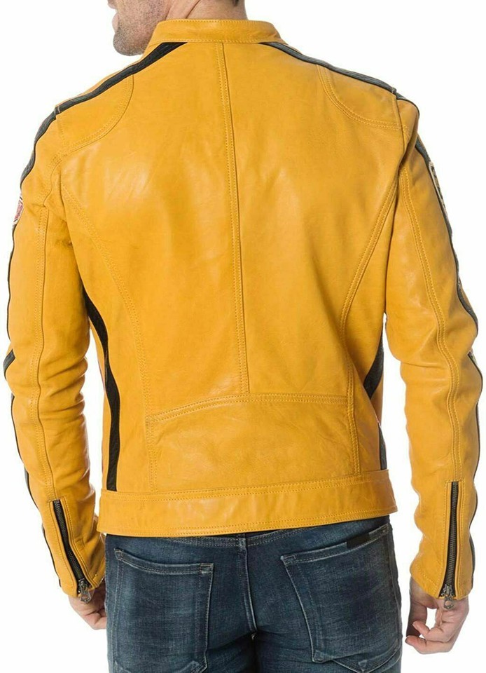 Men's Yellow Leather Jacket Biker Motorcycle Café Racer Stripe Coat ...