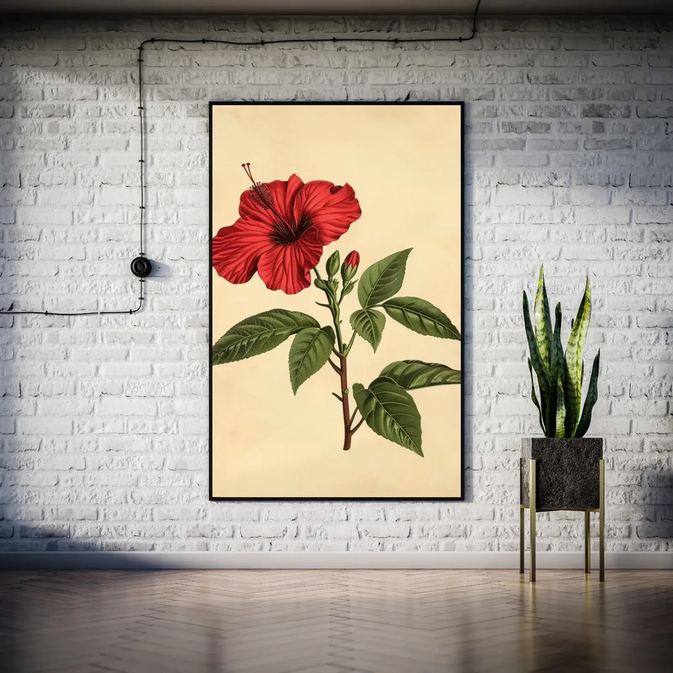 Vintage Red Hibiscus Botanical Poster - Floral Wall Art Print - A4, A3 ...
