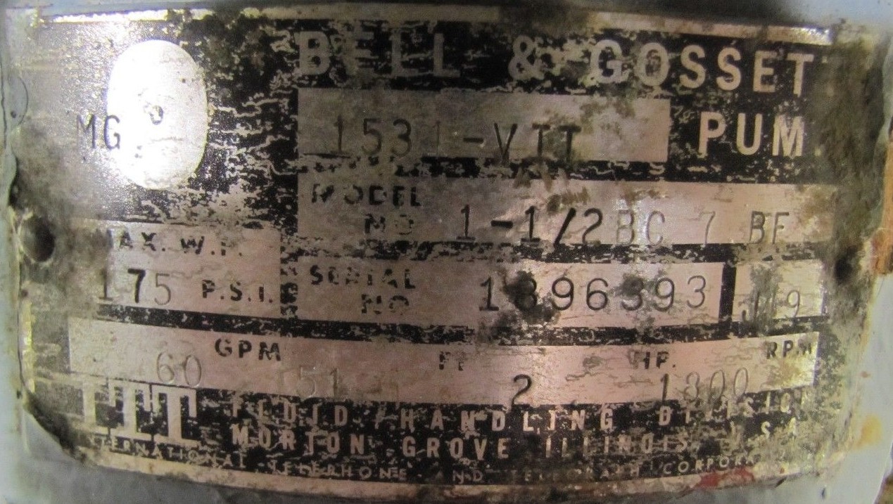 BELL & GOSSETT 1531-VTT 1 1/2BC 7 BF 60 GPM 2HP 2" - 1 1/2" CENTRIFUGAL ...