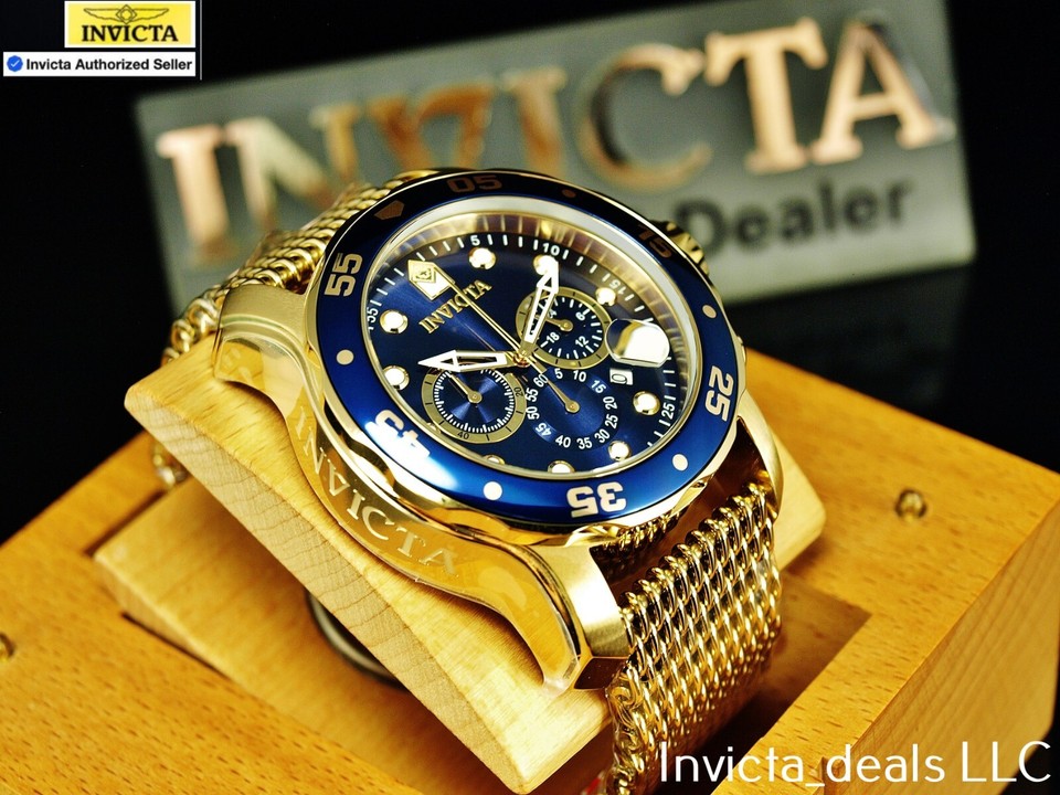 Invicta Men's 48mm Pro Diver SCUBA Chronograph BLUE DIAL Gold Tone MESH ...