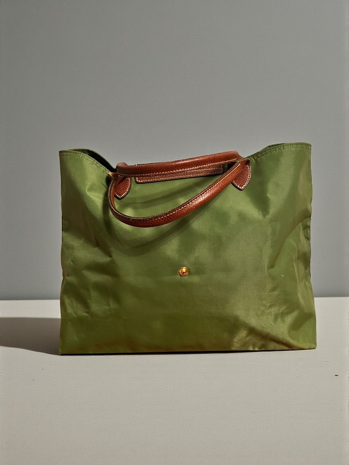 LONGCHAMP $155 Green Brown Trim Cabas Le Pliage Open Top Tote Shoulder ...