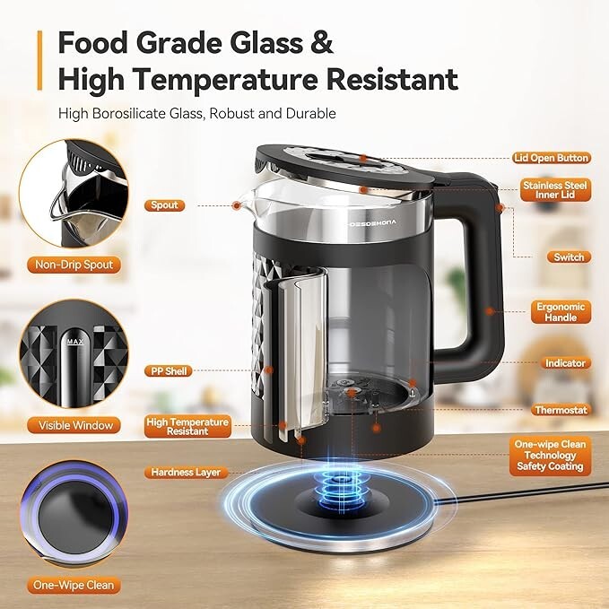 1.7L 1500W Electric Glass Kettle Glass Fast Boil LCD Screen LED Lights ...