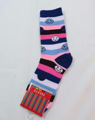 Womens Striped Smiley Face Multi Colored Crew Socks Sz 9-11 Navy Blue ...