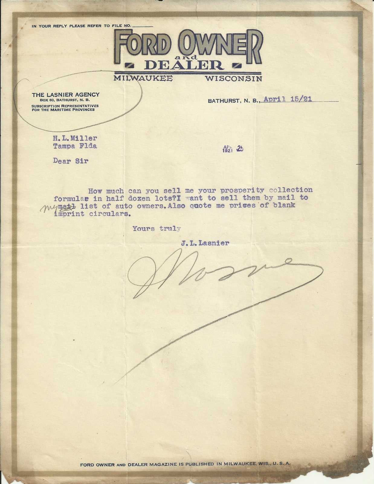 OLD VINTAGE FORD OWNER AND DEALER MAGAZINE MILWAUKEE WI 1921 LETTER ...