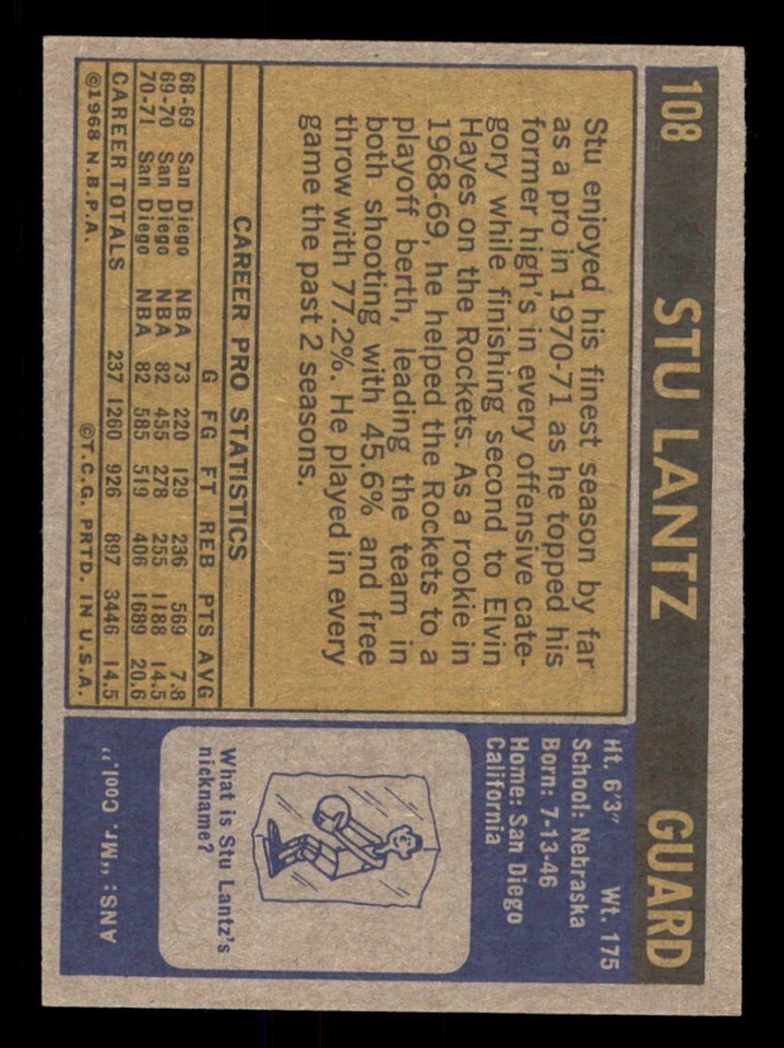 1971 Topps Basketball #108 Stu Lantz NM *e1 | eBay