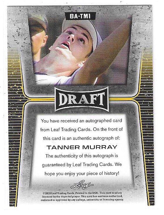 2020 LEAF DRAFT TANNER MURRAY LEAF ROOKIE AUTO #BA-TM1 TAMPA BAY RAYS ...