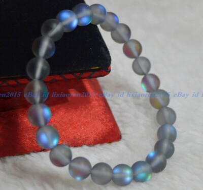 8mm Gray Gleamy Rainbow Moonstone Round Gemstone Beads Bracelet 7.5 ...