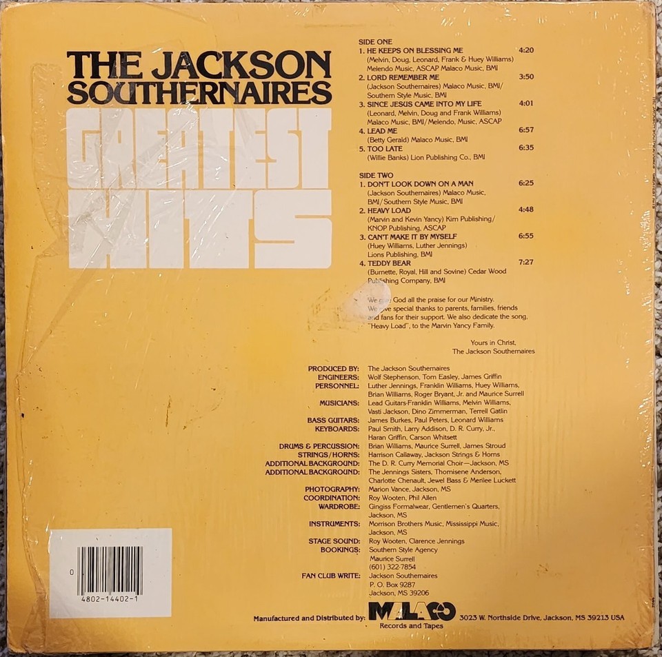 THE JACKSON SOUTHERNAIRES - GREATEST HITS VINYL 1985 Gospel LP MAL-4402 ...