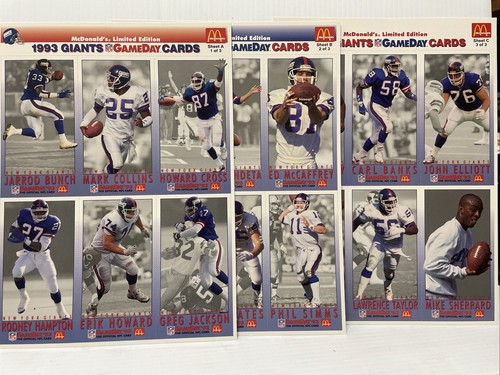 McDonald's Limited Edition 1993 GIANTS GAMEDAY CARDS 3 Uncut Cards 18 ...