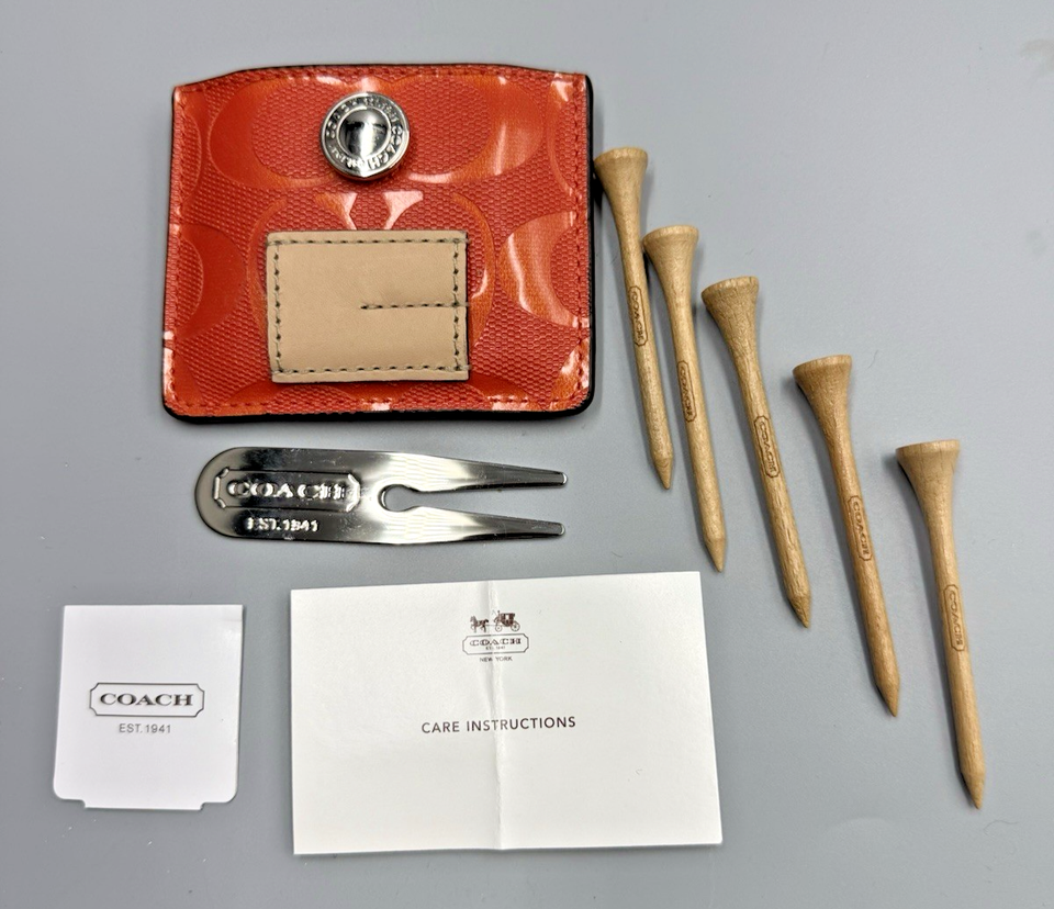 Coach Golf Tee Set With Divot Tool Ball Marker Orange & Tan Never Used ...