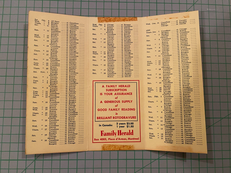 Rare 1958/59 NHL Hockey Pocket Schedule Family Herald | eBay