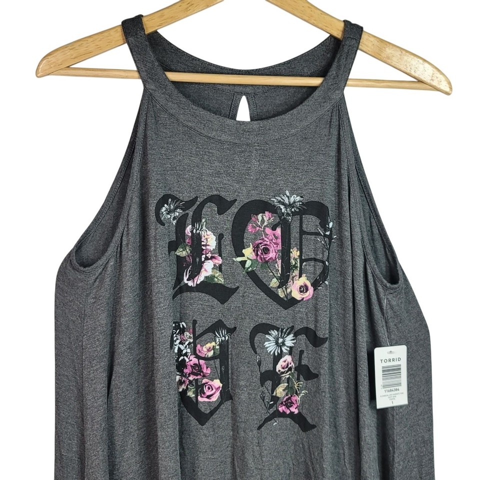 Torrid Love Sleeveless Tunic Top Gray 1X Crew Neck Floral Keyhole ...