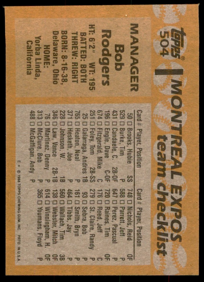 1988 TOPPS BOB RODGERS MONTREAL EXPOS #504 | eBay
