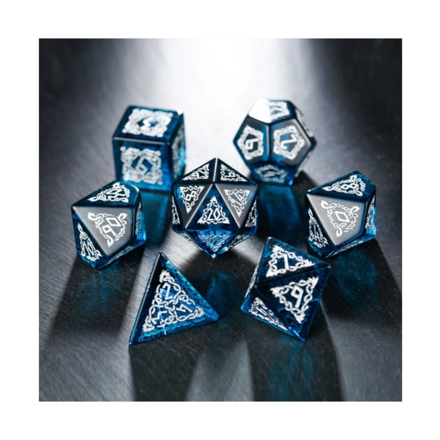Crystal Maggie Dice Poly Set Dark Blue Glass w/Silver Viking Dragon (7 ...