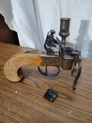 Vintage Old Flintlock Tinder Box Pistol Gun Candle lighter Wood Brass ...