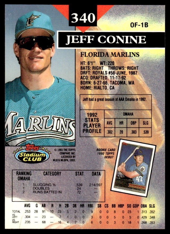 1993 Topps Stadium Club 340 Jeff Conine Florida Marlins Baseball Card ...