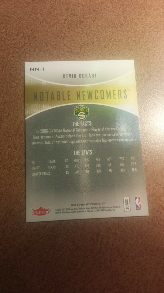 KEVIN DURANT 2007/08 FLEER HOT PROSPECTS NOTABLE NEWCOMERS ROOKIE CARD ...