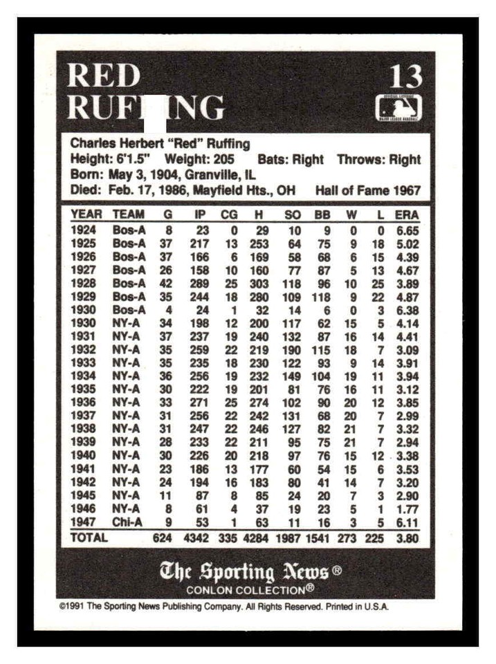 1991 Conlon Collection TSN #13 Red Ruffing | eBay