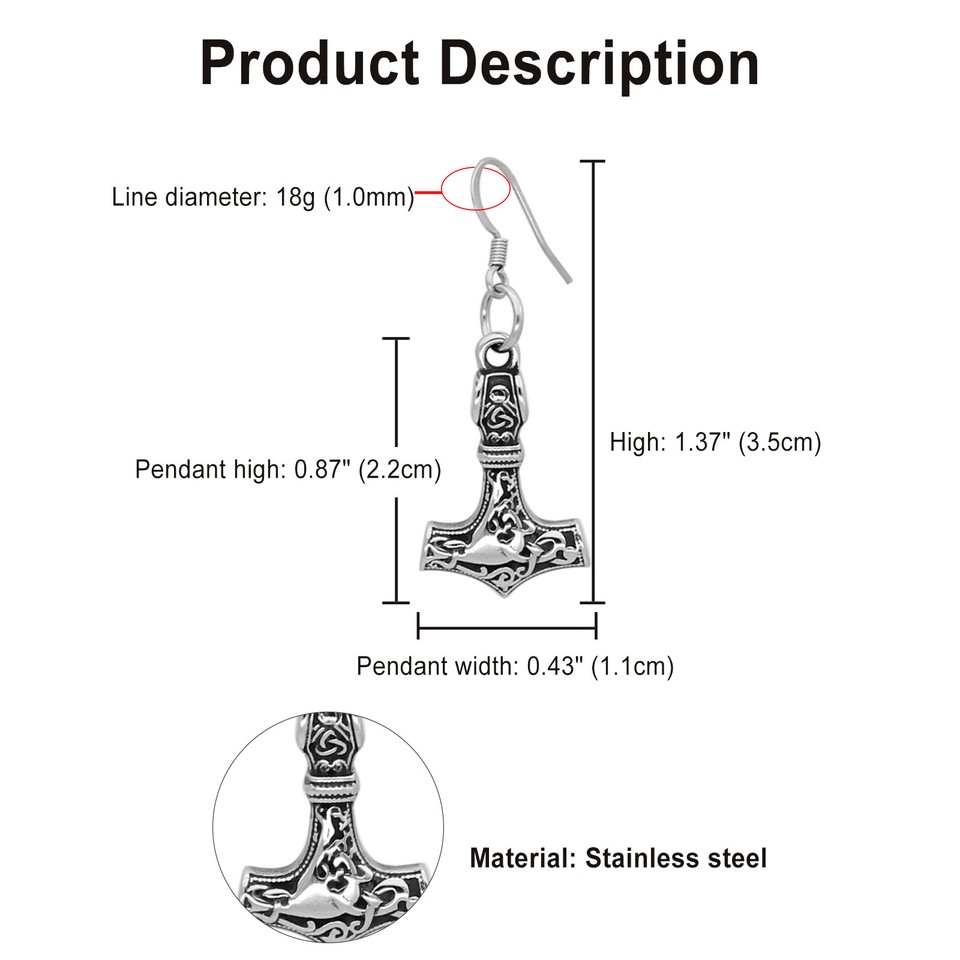 Nordic Viking Rune Compass Mjolnir Valknut Drop Hook Earrings Stainless ...