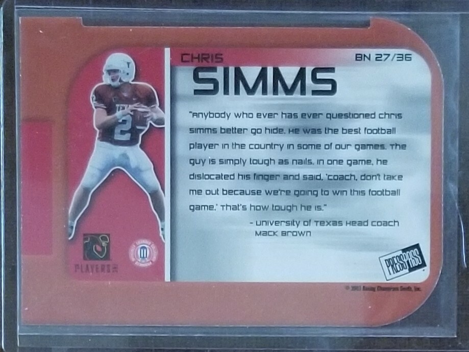 2003 Press Pass Big Numbers #BN27 Chris Simms Texas Longhorns Football ...
