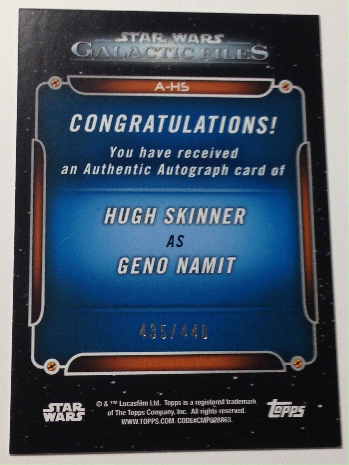 2018 Topps Star Wars Galactic Files Hugh Skinner Autograph Geno Namit ...