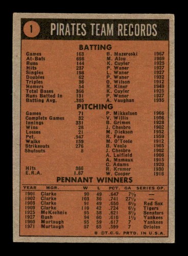 1972 Topps #1 Pittsburgh Pirates TC VGEX X2620948 | eBay