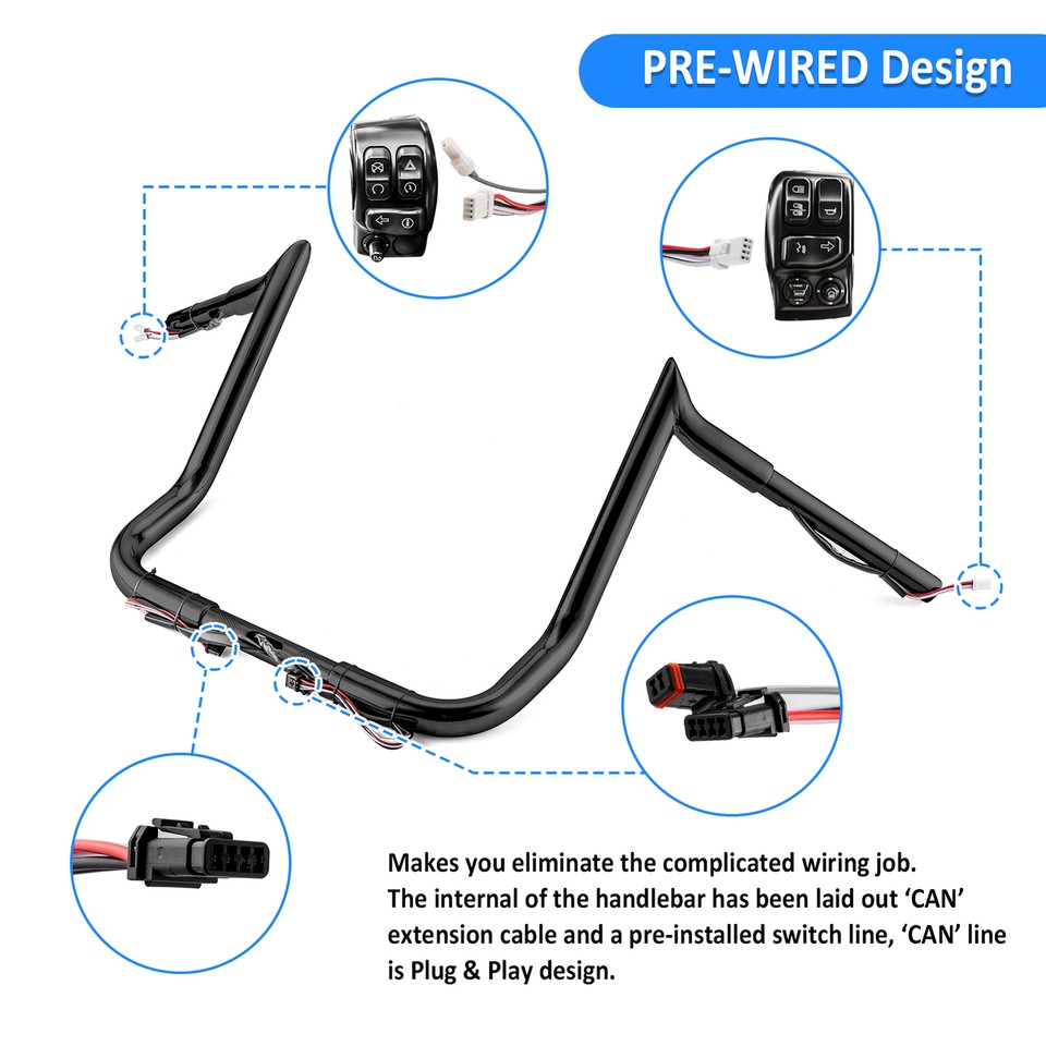 Black 1.25" Ape Hanger PRE-WIRED 12" Meathook Handlebar For Harley ...