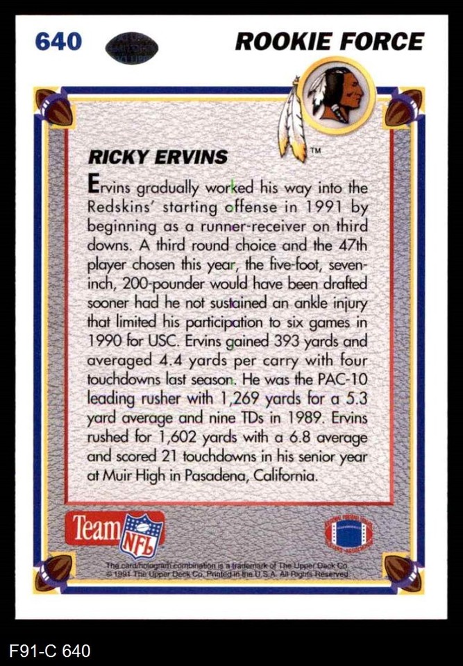 1991 Upper Deck #640 Ricky Ervins Redskins RC USC 8 - NM/MT | eBay