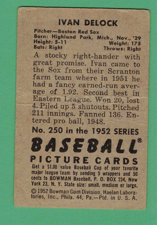 1951 BOWMAN IVAN DELOCK #250 RED SOX POOR | eBay