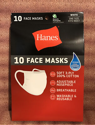 Hanes Face Mask 10 Pack 100% Cotton Washable & Reusable Wicking Cool ...