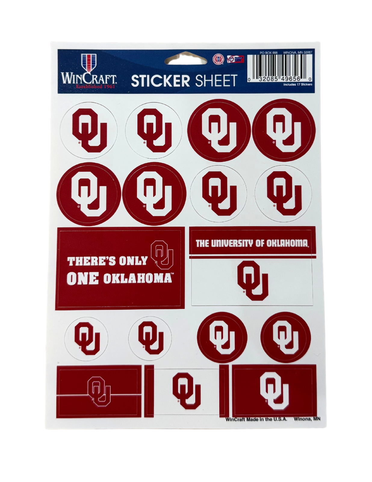 OKLAHOMA SOONERS LOGO VINYL STICKER SHEET, NEW - WINCRAFT, 17 STICKERS ...