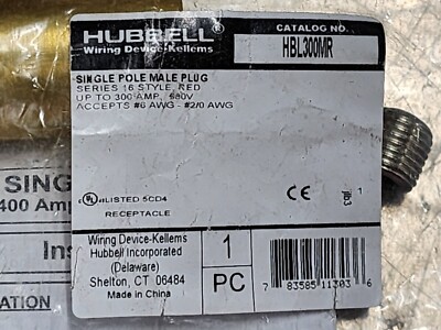 Hubbell HBL300MR Single Pole Male 300A 600V Cam-Style Generator Power ...