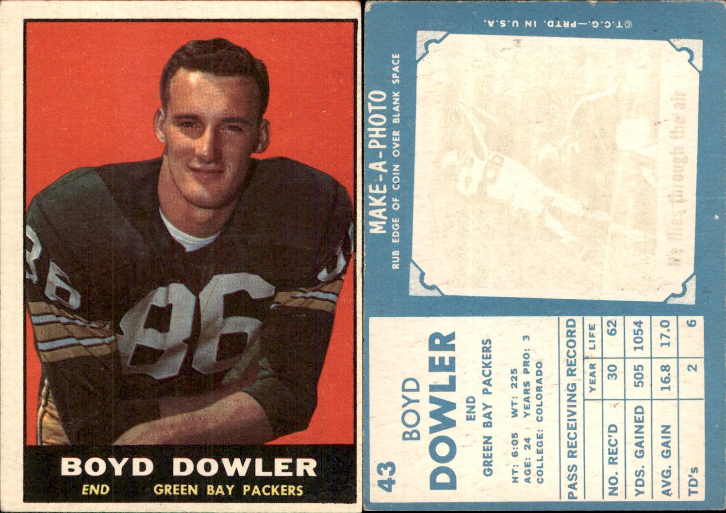 Boyd Dowler 1961 Topps #43 Card Green Bay Packers FREE SHIP ...