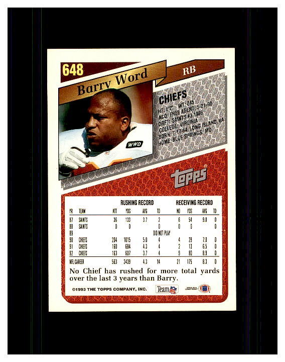 1993 Topps Gold #648 Barry Word KANSAS CITY CHIEFS MINT | eBay