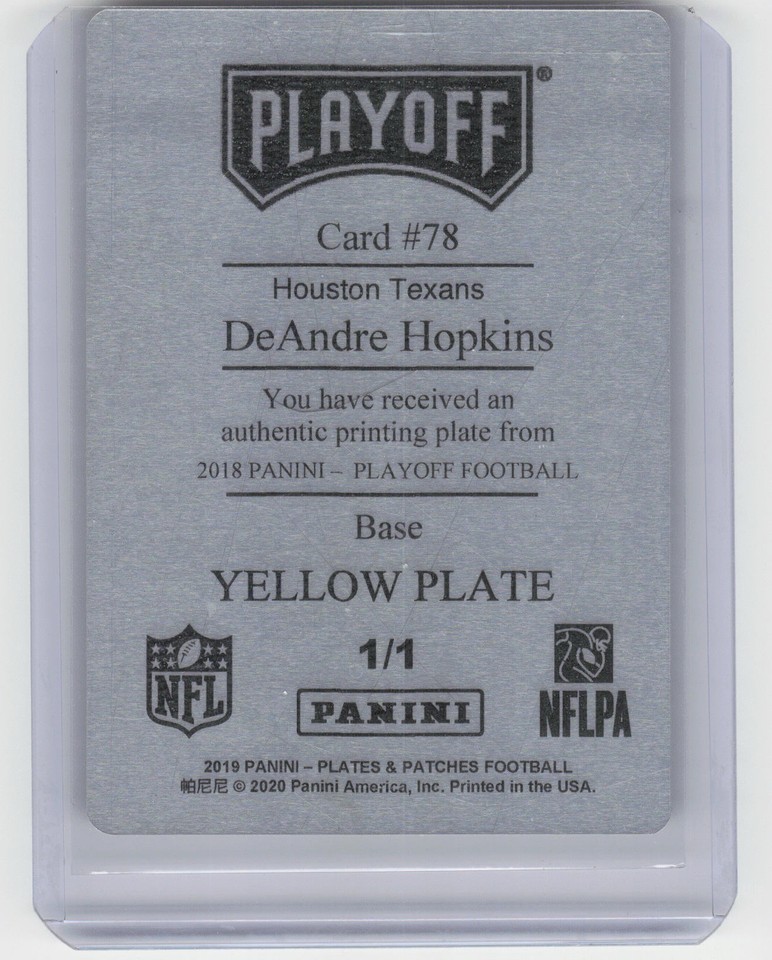 2019 Plates & Patches #78 DeAndre Hopkins 2018 Playoff Printing Plate ...