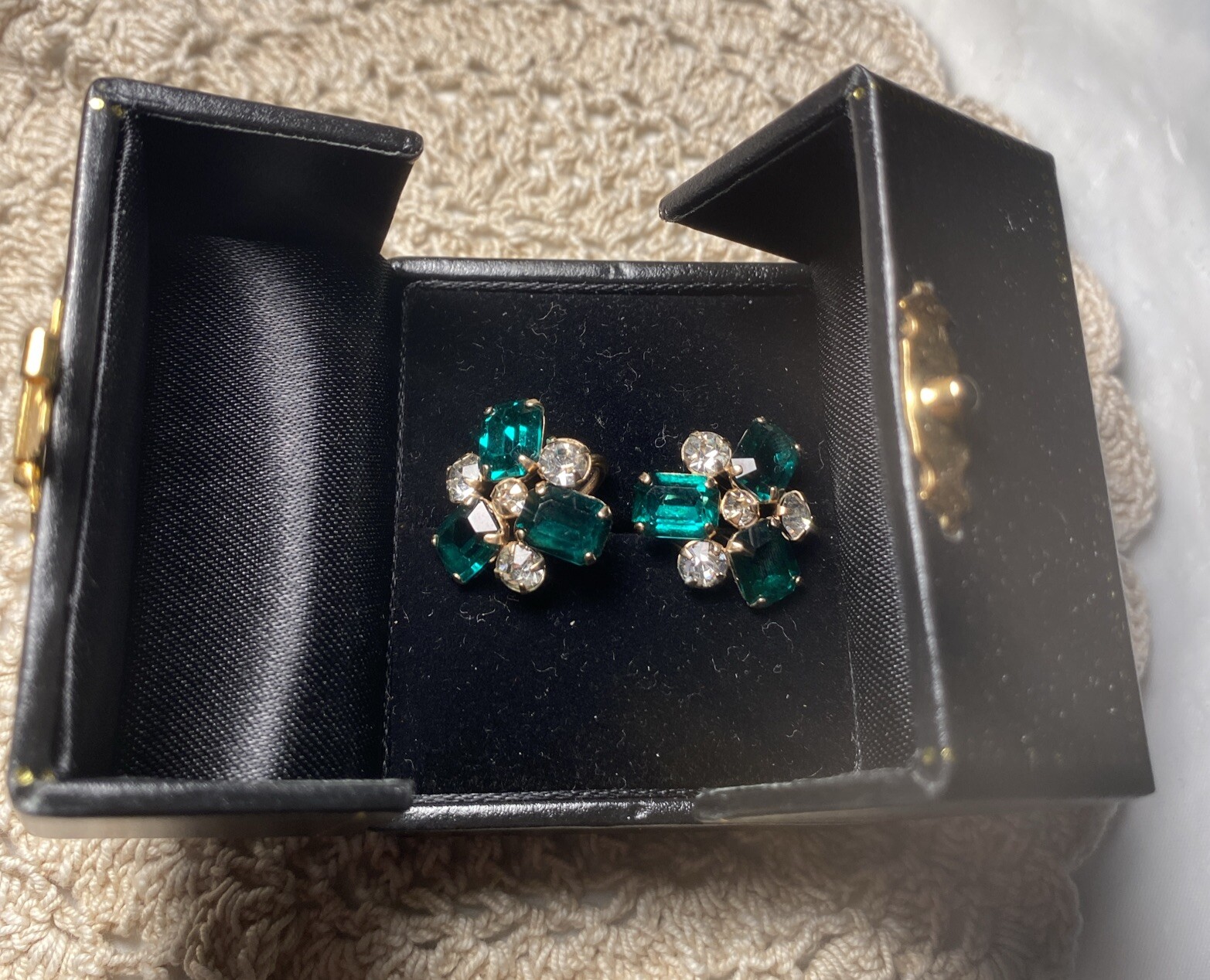 M & S Gold Emerald Cut Green Glass & Clear Round Rhin… - Gem