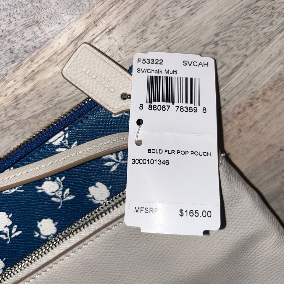 NWT COACH 2 in 1 LEATHER IVORY BLUE FLORAL POP POUCH WRISTLET PURSE SET ...