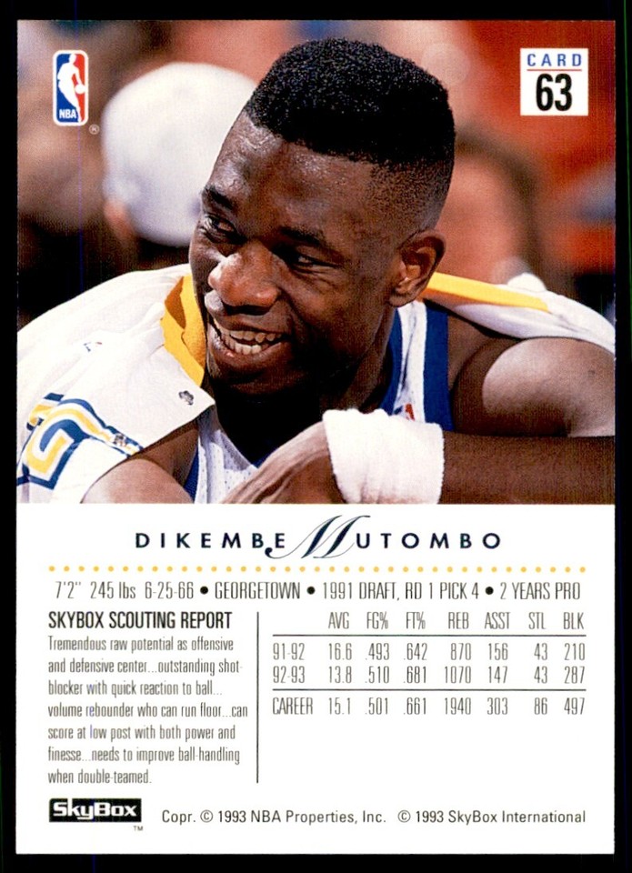 1993-94 SkyBox Basketball Card Dikembe Mutombo Denver Nuggets #63 | eBay
