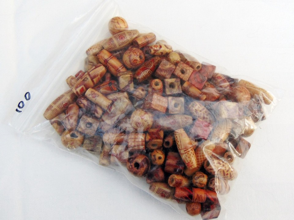 Wood BEADS ~ Mixed Shapes ~ Round ~ Tube ~ Oval Cube Browns w/ designs ...