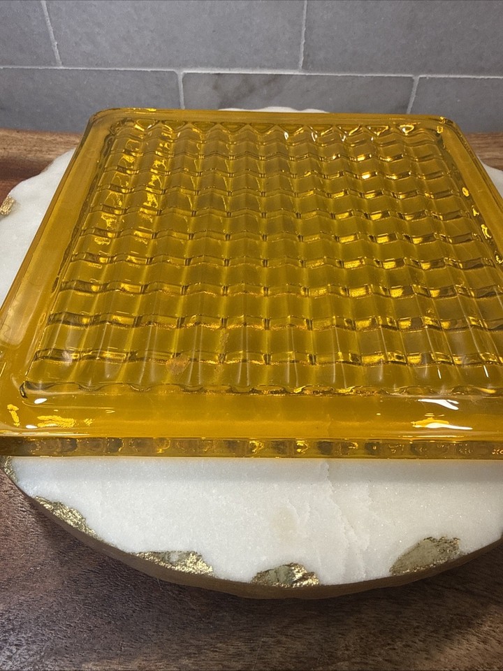 Vintage Golden Yellow Amber Glass Square Trivet Lid Glows A Little W ...